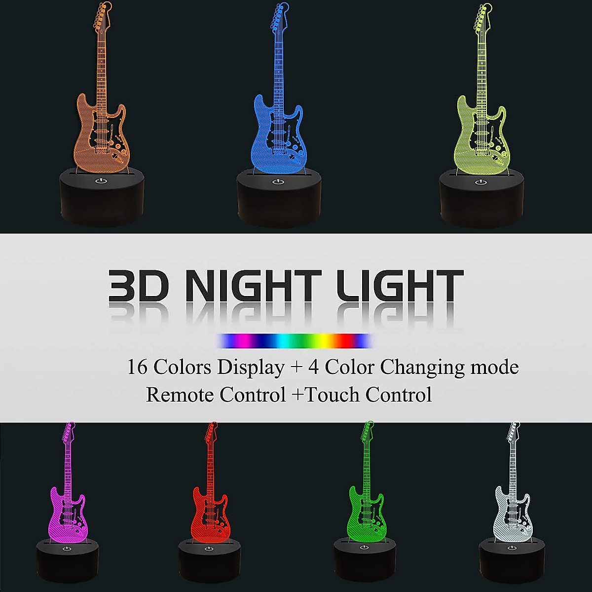 Guitar Gifts, Guitar 3D Night Light Illusion Lamp for Kids, Guitar Lover Gifts from Age 2 3 4 5 6+ Years for Girls Boys Men Women - 16 Colors Changing with Remote Control