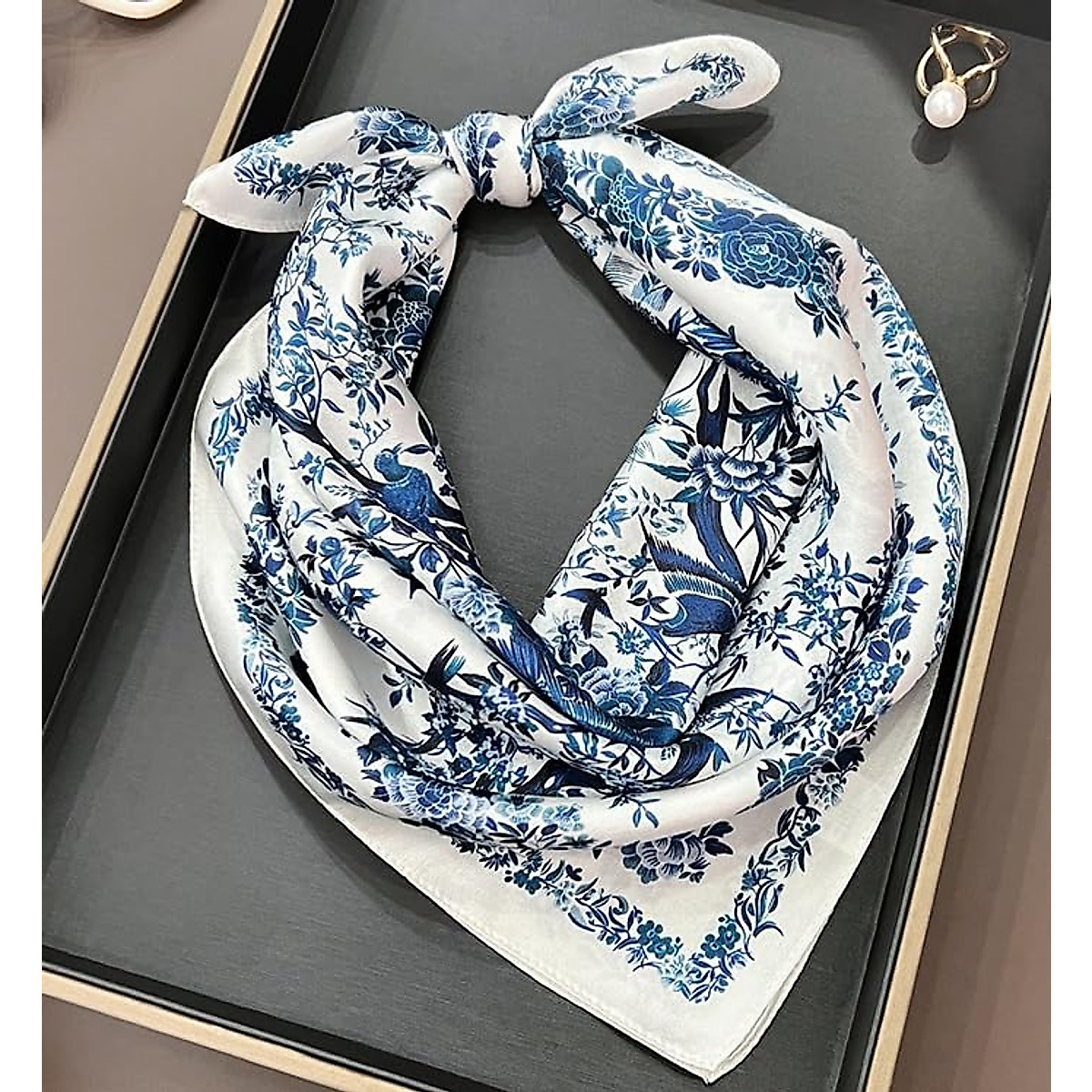 FEIBOON Mulberry Silk Scarfs Neck Scarf 21"x21" Small Square Scarfs hair scarf bandana for Women Gift Packed (White and blue flowers)