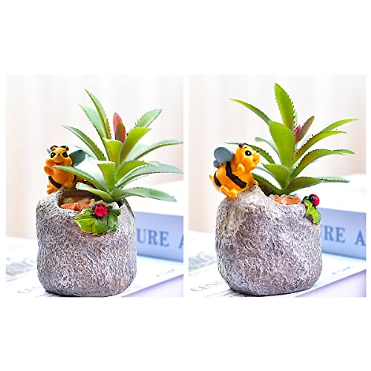 Novelty and Cute Little Bee Flowerpot with Drainer Garden Flowerpot Resin Succulent Potted Bonsai Plant Stand Home Office Desk Mini Ornaments Does Not Contain Plants