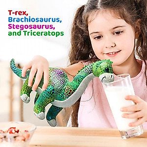 BUILD ME Plush Dinosaur Stuffed Animal Set of 4 Soft Dinosaurs, 12" Stuffed Dinosaur Set Includes T-Rex Brachiosaurus Stegosaurus and Triceratops Toys for Boys, Volcano Toys for Kids 3-5