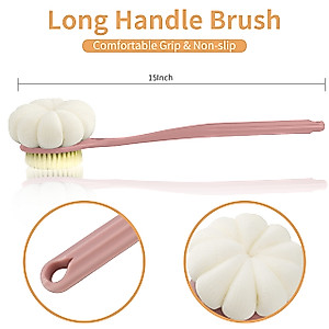 Shower Brush with Bristles and Loofah,Frosted Bath Net Sponge with 15 Inch Handle for Back Scrubber Body Exfoliator,Shower Body Brush for Wet or Dry Brushing,Pink