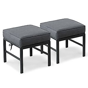 Auzfy 2 Pieces Outdoor Ottomans for Patio Set, Assembled Aluminum Outdoor Footstool with Gray Cushions, Small Seat Furniture for Porch Yard Garden Deck, Grey Frame