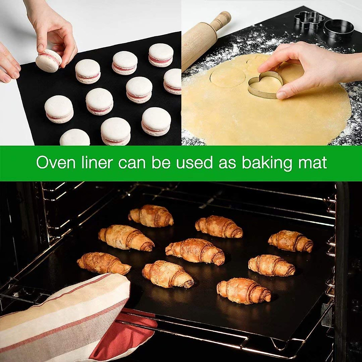 2 Pack Oven Liner Mat + 2 Oven Rack Edge Protector Guard,Heavy Duty&Non Stick Oven Liners For Electric Grill Gas-Keep Oven Clean,Silicone Oven Rack Shields-Protect Hands Against Burns And Scars,Black