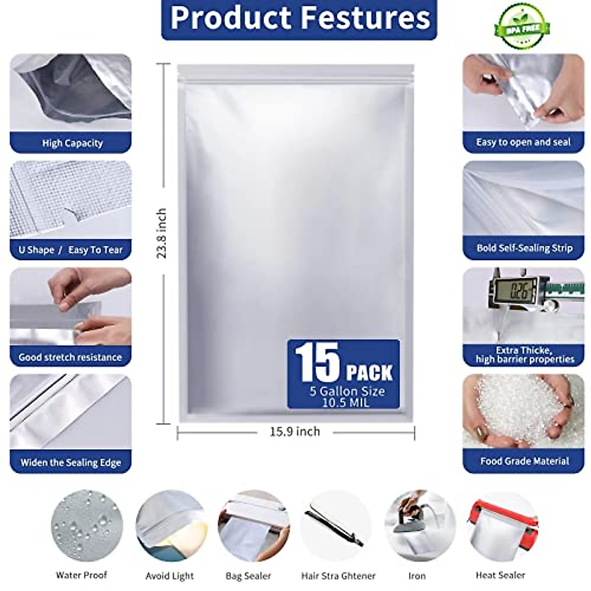 LinsKind 15 Pcs 5 Gallon Mylar Bags with 15 Pcs Individually Wrapped 2500CC Oxygen Absorbers for food storage, Zipper Resealable Heat Sealable Bags,24 Labels & 20 Pcs 1/2 Pint Mylar Bags(4 Colors)