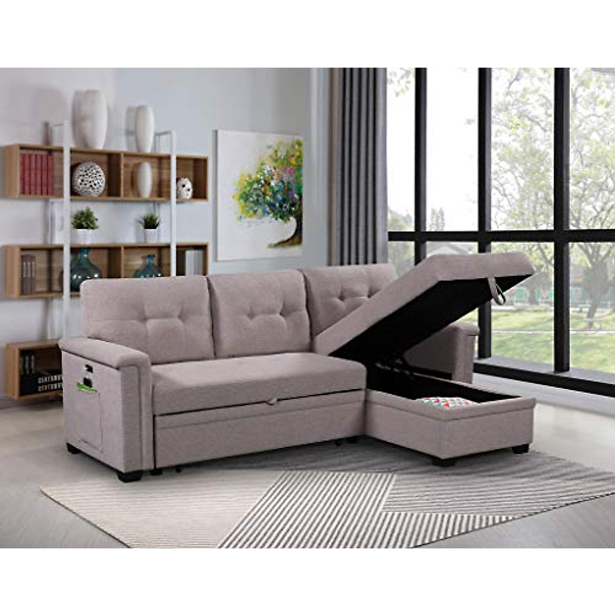 RITSU Living Room Reversible Sleeper Sectional Sofa with Storage Chaise, L-Shape Corner Couch with USB Charging Ports and Pocket, for, Home Furniture, Apartment, Dorm, Light Gray
