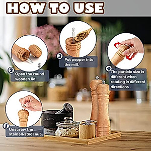 Refillable 8In Pepper Mills, HaSteeL Wooden Salt and Pepper Grinder Set with Adjustable Ceramic Rotor, Manual Spicy Shaker Grinding for Kitchen Restaurant Barbecue, 2 Grinders & Brush
