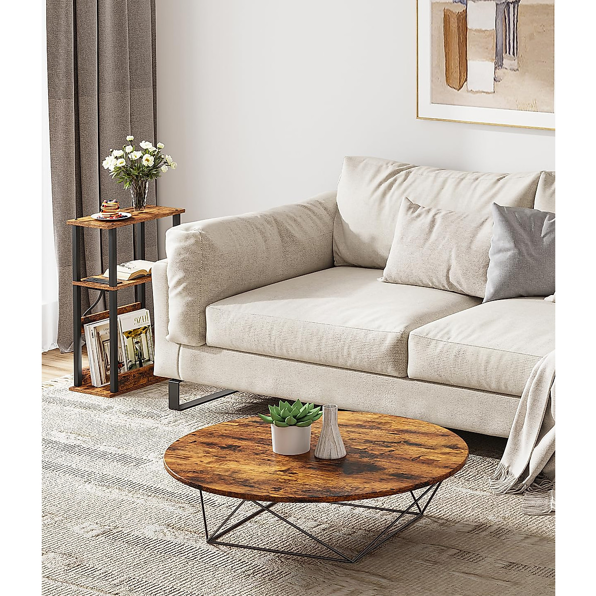 VIMBER 2-Set of 7.8" Narrow Side Table for Small Spaces, Skinny End Table with Charging Station, Sofa Beside Table with Storage Shelf, Slim Nightstand with USB Ports Outlet, Rustic and Brown