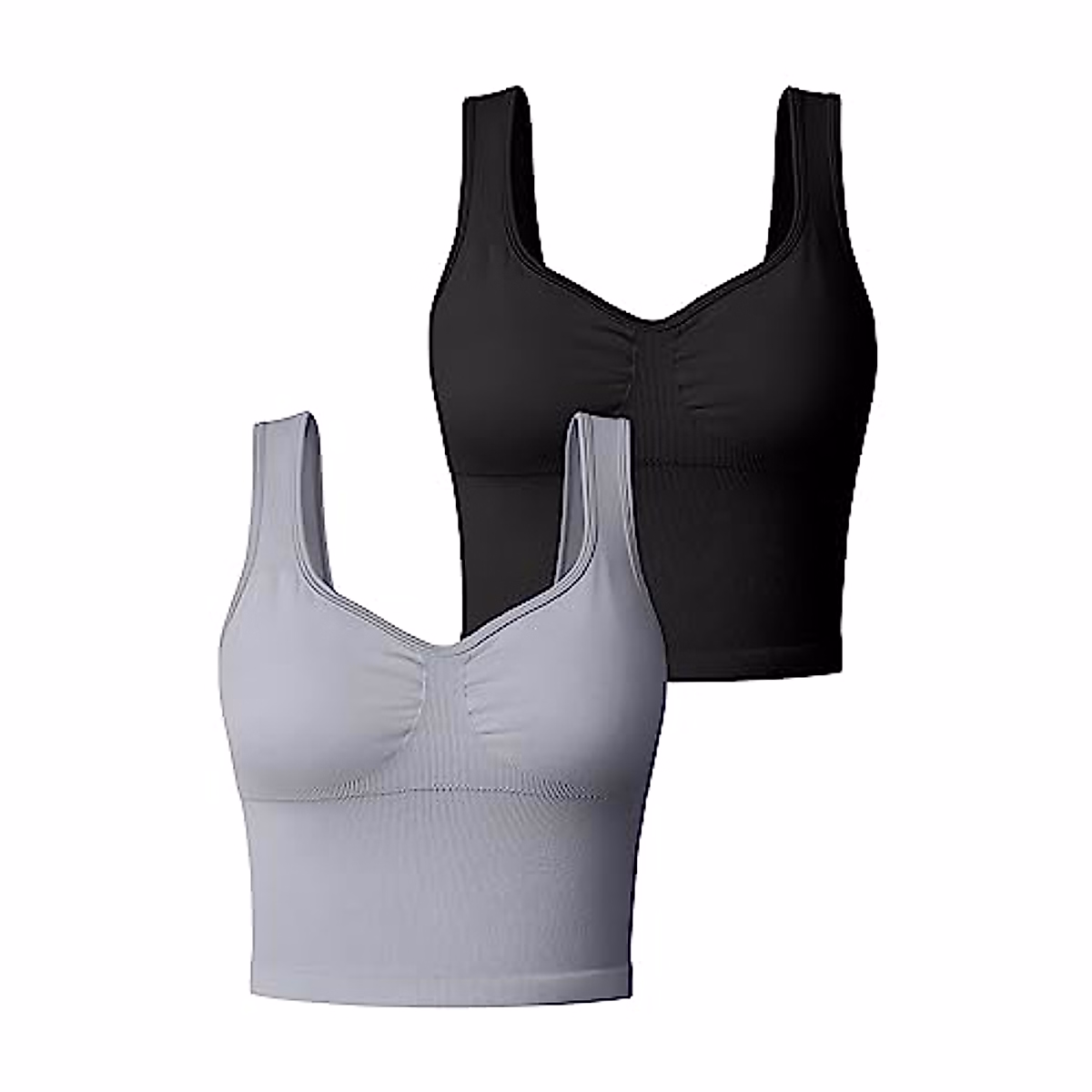 OQQ Women's 2 Piece Tank Shirt Seamless Workout Exercise Padded Sports Yoga Crop Bra, Black,grey, Medium