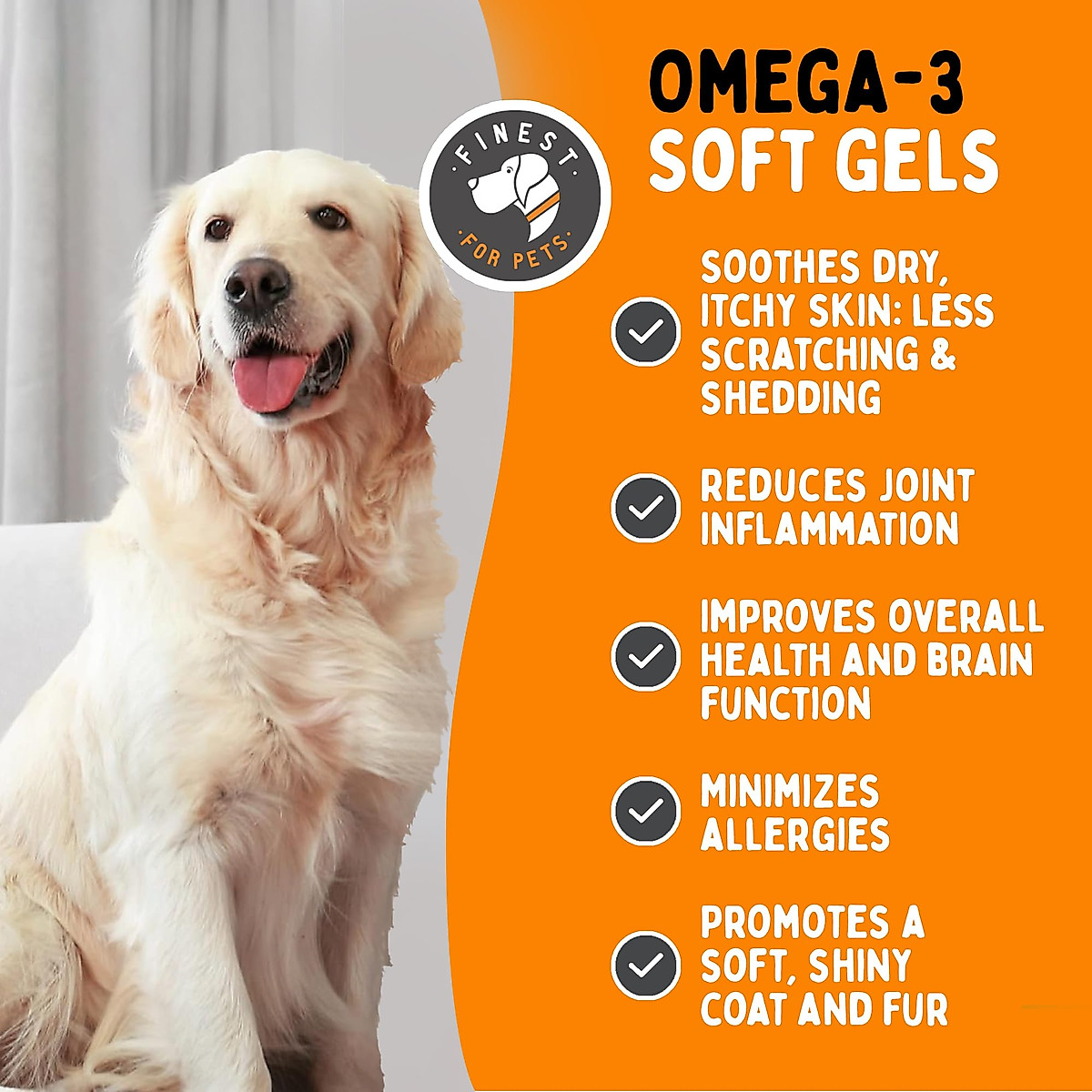 100% Pure Omega 3 Fish Oil Soft Gels for Dogs - Organic Skin, Coat & Joint Supplement - Boost Joint Health, Anti-Shedding & Itch Relief - Ideal for Medium to Large Dogs