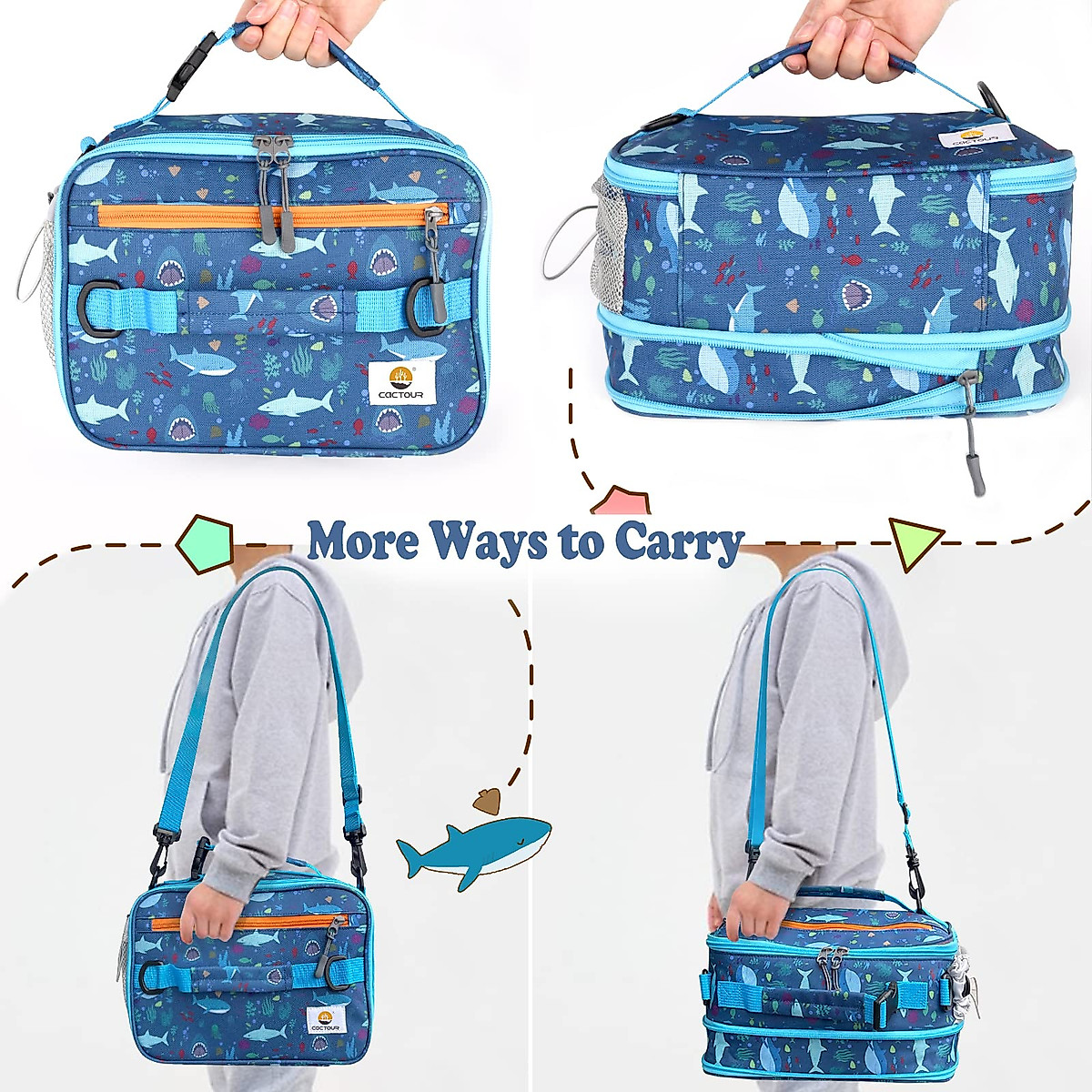 CaCTOUR Insulated Lunch Bag,Expandable Kids Lunch Box,Double Zipper & Lunch Bag Kids with Strap,Lightweight Reusable Lunch Tote Bag for Boys Girls,Meal Containers for School/Picnic (Shark)