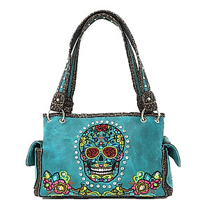 Texas West Women's Embroide Sugar Skull Handbag Purse Wallet Set in Multi Color (Turq)