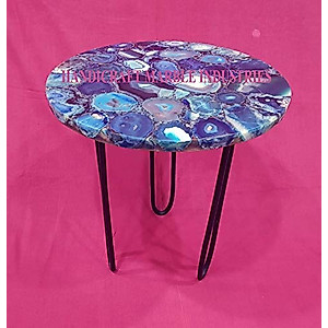 Round Blue Agate Stone 12" x 12' Inch Table with Hair Pin Style Metal Base, Blue Agate Stone Table, Agate Round Corner Table, Agate Side Table Home Decor, Piece Of Conversation