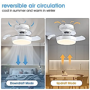 MADSHNE Low Profile Ceiling Fan with Lights, 24" Small Retractable Blades Ceiling Fans with Remote, Modern Flush Mount Fandelier Ceiling Fans with Dimmable LED Lighting,Reversible (White)