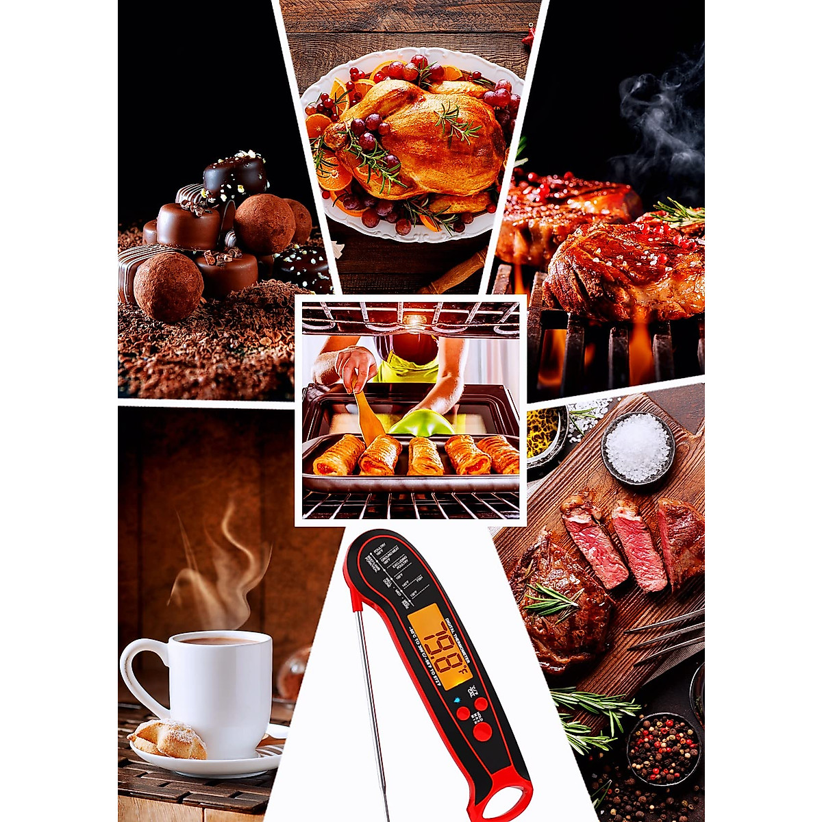 KUKVINA Instant Read Meat Thermometer for Cooking,Upgraded Waterproof Fast & Precise Digital Food Thermometer with Backlight, Magnet, Calibration, and Foldable Probe for Grill, BBQ,Roast Turkey