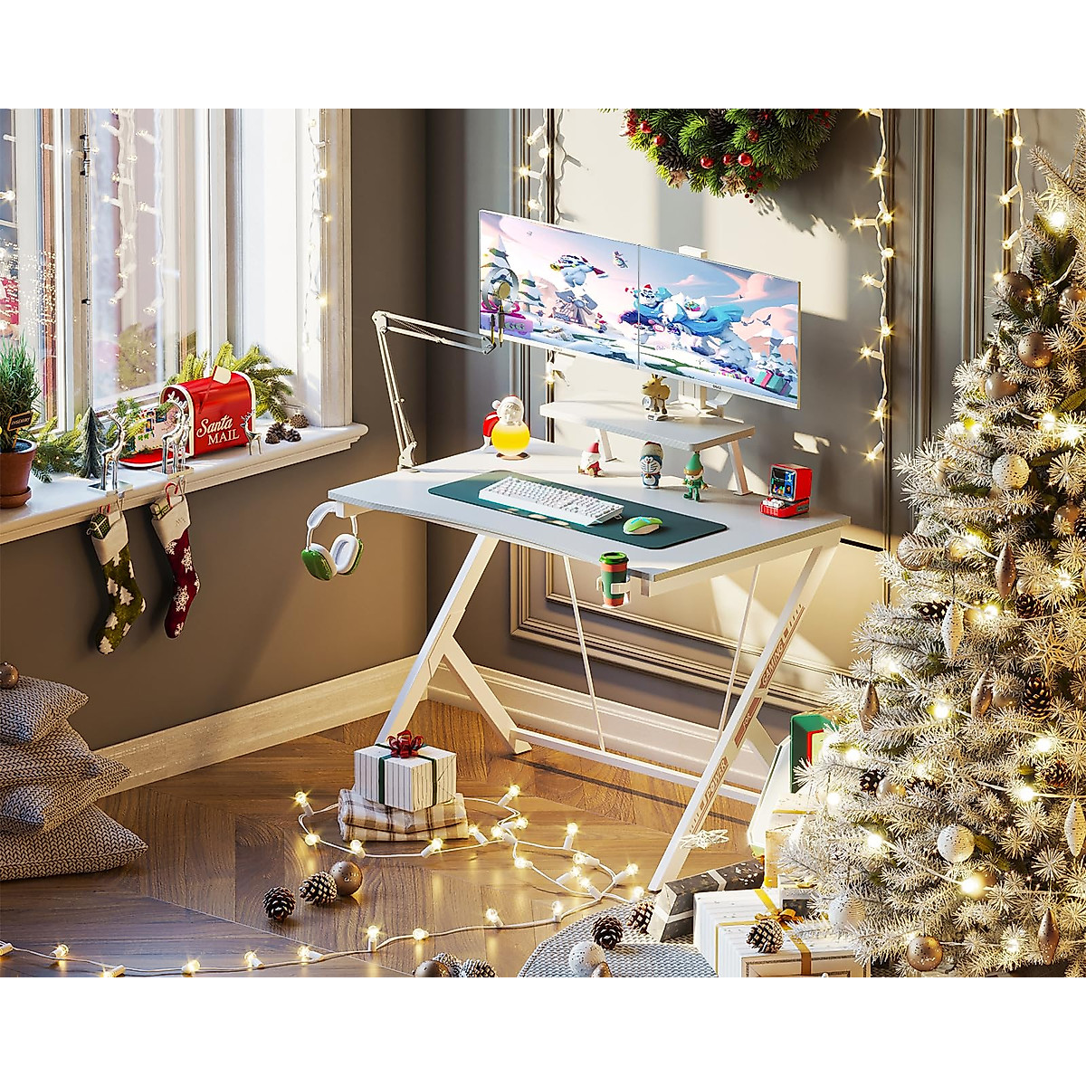 MOTPK Gaming Desk 60" with Monitor Shelf Gaming Table Desk for Girls Home Computer Desk with Cup Holder and Headphone Hook Gamer Workstation Game Table, Pink