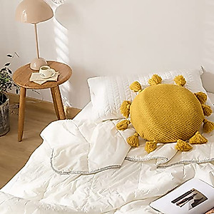 vctops Decorative Round Fringe Throw Pillow with Inserts Woven Textured Throw Pillows for Bedroom Living Room Sofa Couch Balcony (Yellow, Diameter 16")