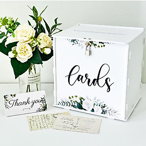 OurWarm White Wedding Card Box with Lock, PVC Gift Card Box for Wedding Reception, Eucalyptus DIY Wedding Money Envelope Card Box for Party Graduation Baby Shower Birthday Decorations