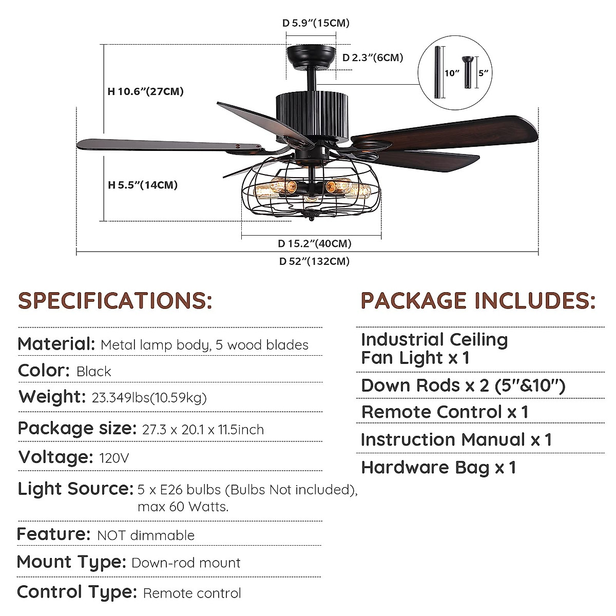 APBEAMLighting Industrial Caged Ceiling Fan Light with Remote Control 52 Inch Vintage Ceiling Fan Light Farmhouse Black Retro Indoor Fandelier with 5 Reversible Wood Blades for Living Room Bedroom