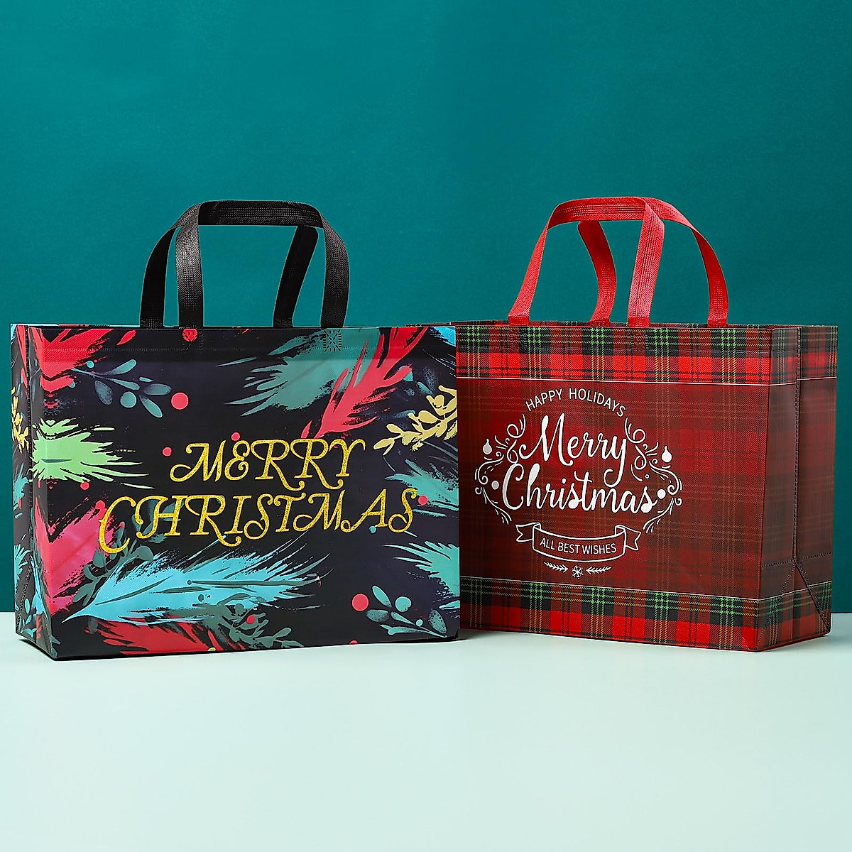 YANGTE Extra Large Christmas Gift Bags 12 Pack Extra Large Gift Bags Jumbo with Handle Reusable Non-Woven XL Xmas Presents Wrapping Holiday Bags Tote Size 16.7 * 6.9 * 12.6in