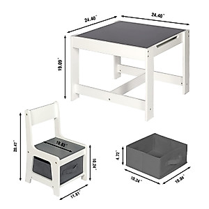 3 in 1 Kids Wood Table and 2 Chairs Set ,Multi Activity Table and Chair with Storage Children Play Desk for Building Blocks Reading Drawing Art Playroom (Gray)