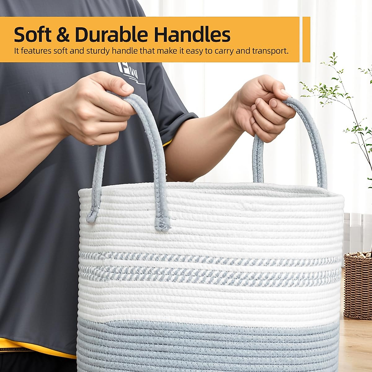 WEAVELYRICS 72L Tall Laundry Basket, Cotton Rope Laundry Hamper, Laundry Hamper with Handles, Decorative Woven Basket for Dirty Clothes, Blankets, Pillows in Bathroom, Bedroom (Gray, 16 x 22in)