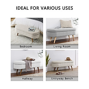ECLYL Oval Storage Bench 43.5" Linen Fabric Upholstered Entryway Bench with Solid Wood Legs Ottoman Bench Indoor Bench for Living Room/Bedroom/End of Bed/Entryway (Beige)