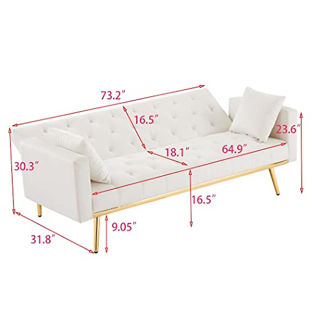 DaiNNCN Velvet 3 Seater Sofa Bed Couch,Futon Sleeper Sofa with 2 Pillows,Button Tufted and Gold Metal Legs-White