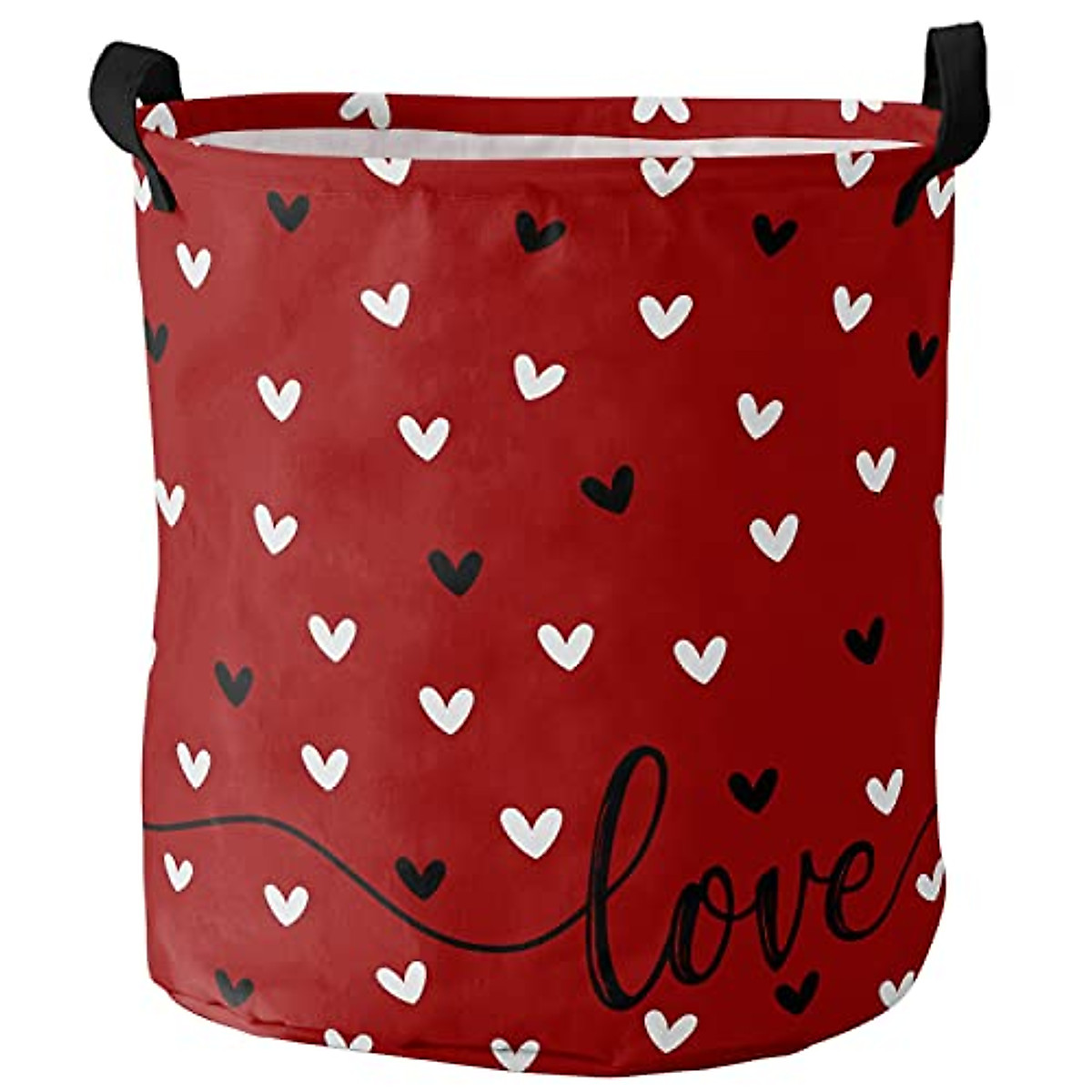 Laundry Baskets with Handles Love Heart Valentine's Day Waterproof Freestanding Laundry Hamper, Round Collapsible Hampers for Bedroom, Laundry, Clothes, Toys Red Black White 16.5x17inch