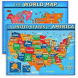 USA and World map poster 2 pack for kids Laminated large illustrated Light blue Young N Refined 15x20)