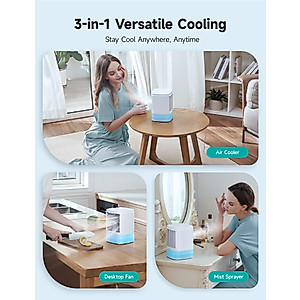 HiCOZY Portable Air Cooler with 2 Ultrasonic Mist Levels & 3 Fan Speeds, Evaporative Air Cooler with Detachable 650ml/23oz Water Tank, 3-in-1 Air Cooling Fan for Desktop, Office and Bedroom (Blue)