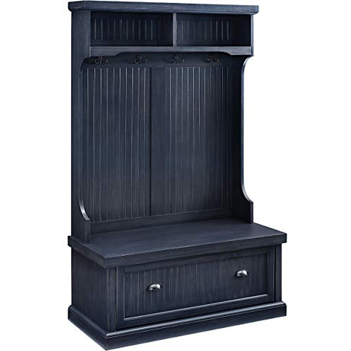 Crosley Furniture Seaside Hall Tree, Entryway Bench with Coat Rack and Shoe Cabinet, Distressed Navy