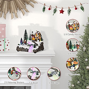 HOMCOM Christmas Village, Rotating Skating Pond Animated Winter Wonderland Set with Multicolored LED Light, Music, Fiber Optic, Battery-Operated Christmas Decoration