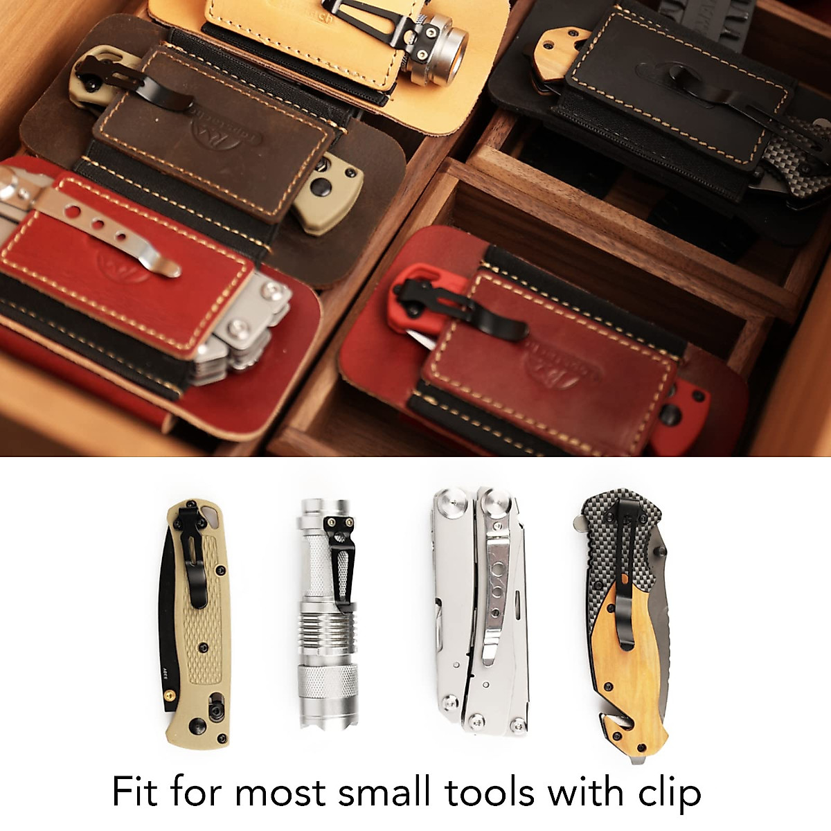 Topstache Horizontal Carry Leather Sheath for Belt, Natural Leather with Elastic Band EDC Knife Holster, Everyday Carry Pocket Organizer,Black