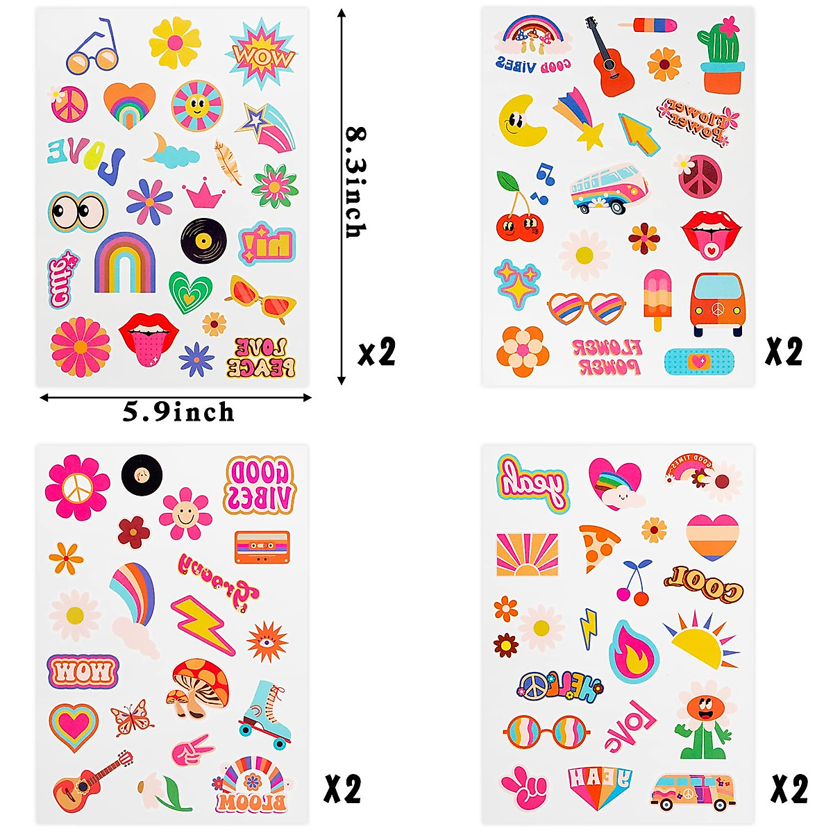 VERSRH 8pcs Groovy 70’s Temporary Tattoos, 91 Design Cute Fake Tattoos for Kids Party Favor, Cartoon Waterproof Body Sticker Decoration, 70’s Retro Hippie Theme Tattoo for Boys Girls Birthday Party