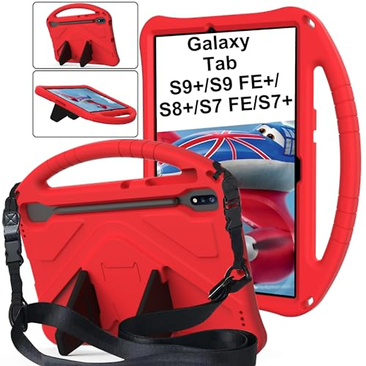 ESSTORE Kids Case Compatible with Samsung Galaxy Tab S9+/S9 FE+/S8+/S7 FE/S7+ 12.4 inch Shockproof Children Friendly EVA Foam Protective Stand Handle Cover with Shoulder