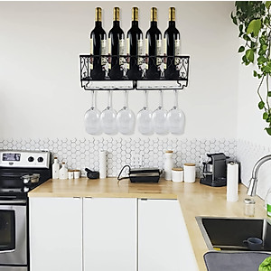 KNC Wall Mounted Wine Rack, Metal Bottle & Glass Holder with Hanging Stemware Glasses, Kitchen,Restaurant Living Room Décor,Storage Rack (Large (50cm/19.68in))