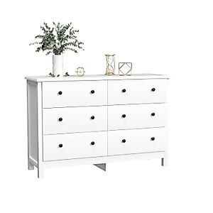 SINROM White Dresser for Bedroom, Modern 6 Drawer Dresser for Living Room, Hallway, Wide Chest of Drawer with Black Pulls