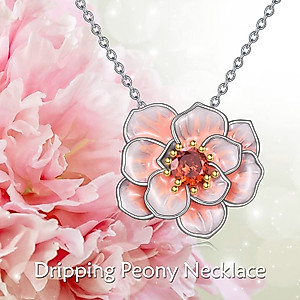 YFN Pink Peony Flower Pendant Necklace Sterling Silver Enamel Flower Jewelry Gifts for Women Mother Gifts