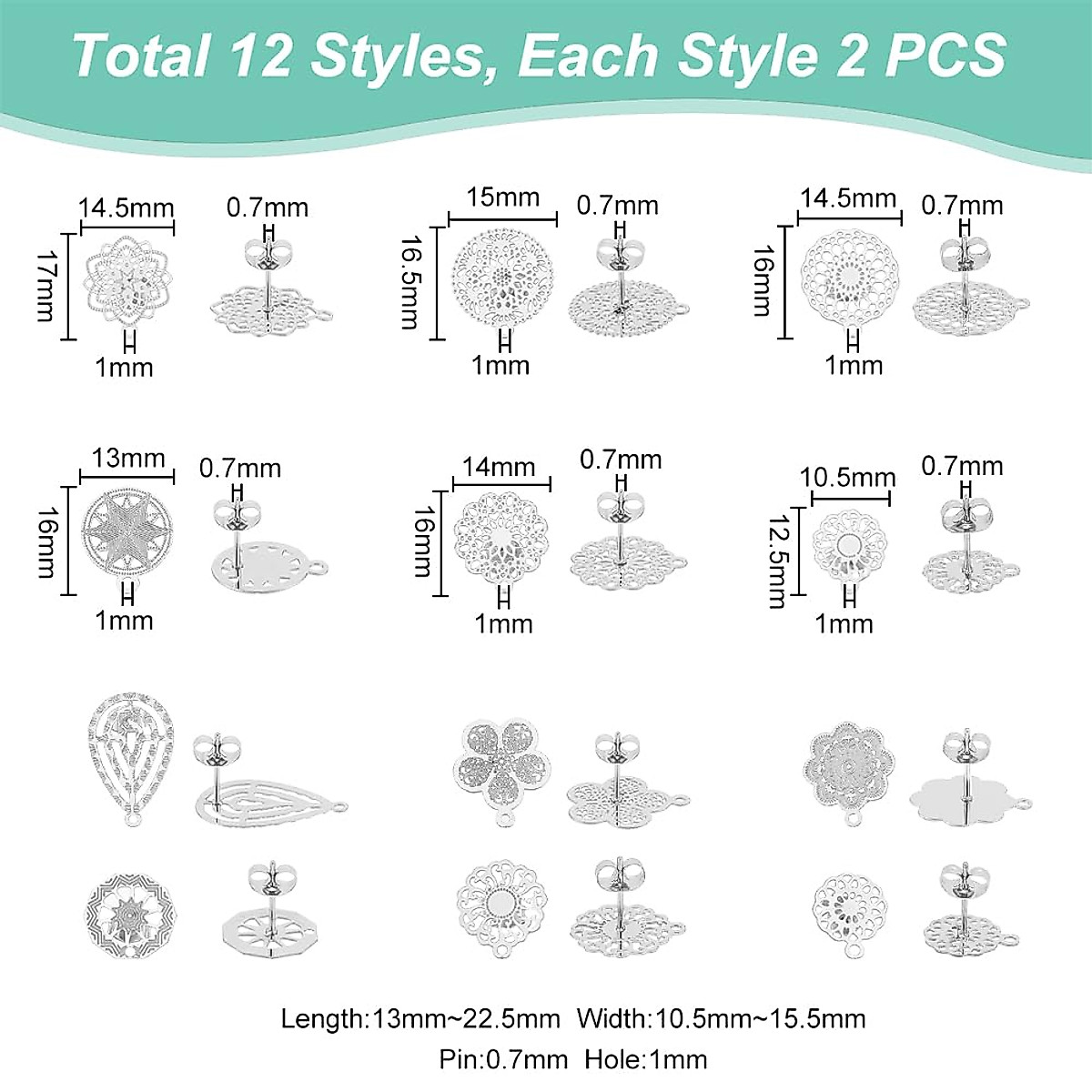 UNICRAFTALE 24pcs 12 Styles Stainless Steel Flower Stud Earrings with Loop Bohemian Hollow Flat Filigree Earrings Posts with Hole Teardrop Stud Earring Metal Ear Stud Component for Jewelry Making