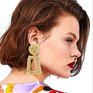Hollow Geometric Large Square Dangle Earrings Metal Statement Drop Earrings Punk Bohemian Raised Textured Design Big Hoop Earrings for Women Fashion Jewelry