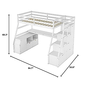 Merax Loft Bed Twin Size, Wooden Frame with Desk and Storage, Space-Saving Design with Convenient Multi-Drawers & Cabinet, for Teens Adults (White)