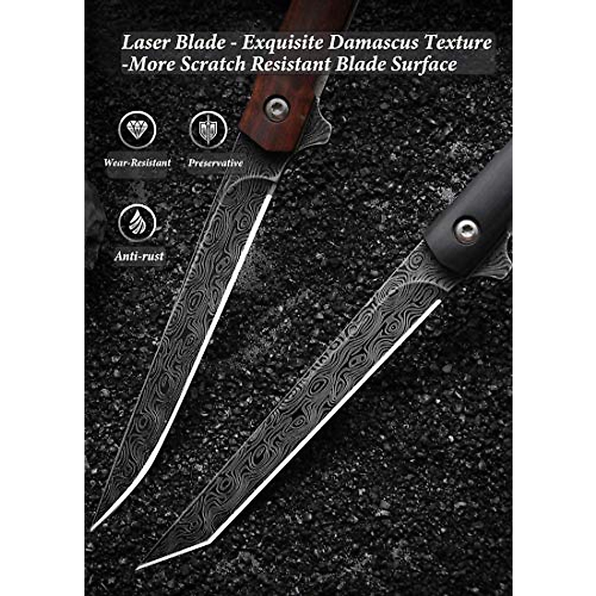 Carimee Double Action Pocket Knife Damascus Pattern D2 Stainless Laser Blade, Wood Handle, with Leather Sheath for Men and Women