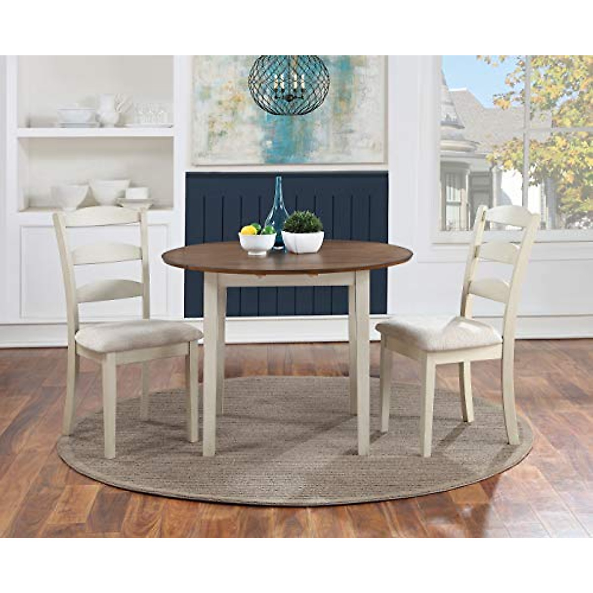 OSP Home Furnishings Murphy 3-Piece Drop-Leaf 42 Inch Round Dining Table and Chairs Set, Tobacco Top and Cream Base