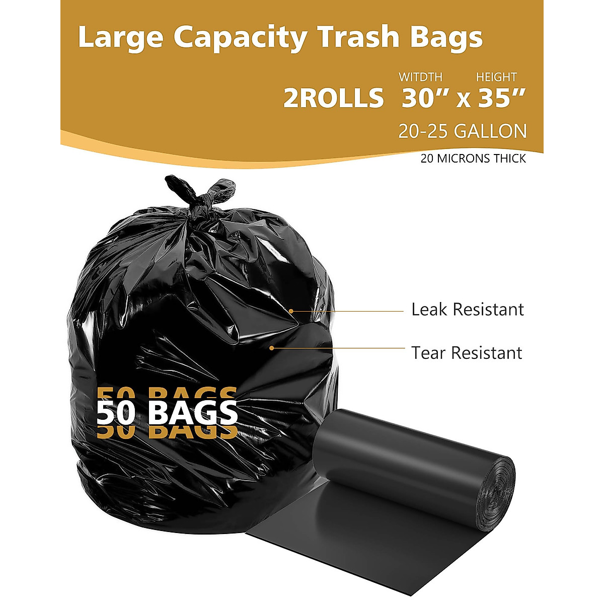 AYOTEE 23 Gallon Trash Bags with Zip Ties, 20-25 Gallon Trash Bags (50 Count Bulk) Large Black Trash Bags 20 Gallon Trash Bags, Extra Large Garbage Bags for Commercial, Household, Lawn (30"x35")
