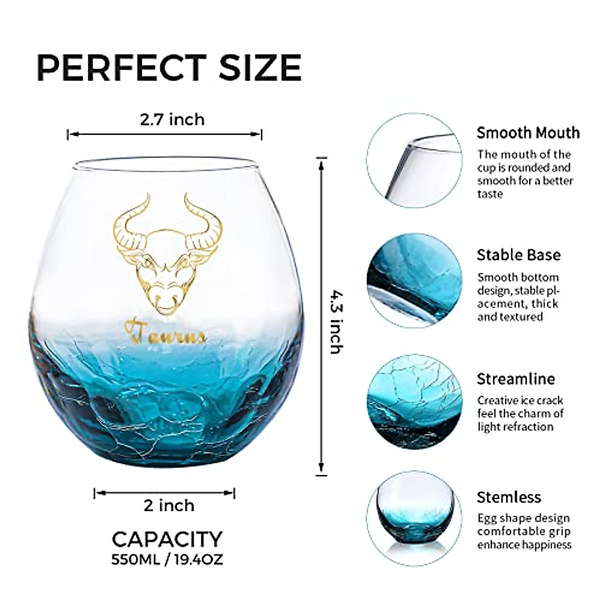 XIAHAN Taurus Stemless Wine Glass, Zodiac Gift Water Cup, Glass Cup, Coffee Cup, Gift for Men and Women