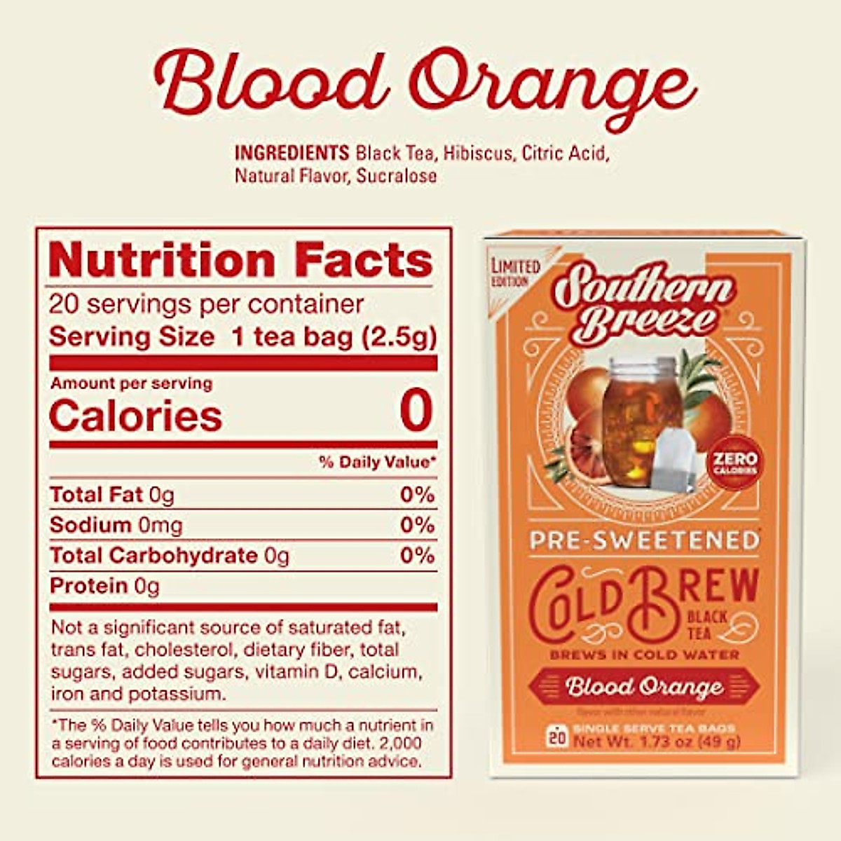 Southern Breeze Cold Brew Sweet Tea Blood Orange Iced Tea with Black Tea and Zero Carbs Zero Sugar, 20 Individually Wrapped Tea Bags Southern Sweet Tea Iced Tea Beverage