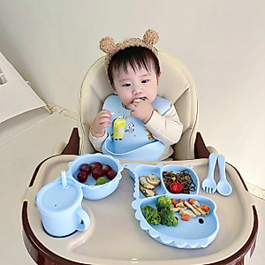 Silicone Baby Feeding Set, Baby Led Weaning Supplies, Eating Essentials Utensils with Suction Plate and Bowl, Pocket Bib, Sippy Cup with Lid, Forks Spoons Snack Container (Tropical Blue) 6M +