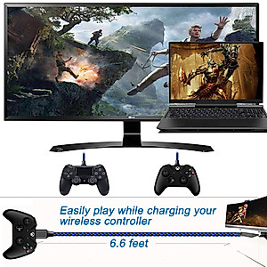 3-Pack 6FT PS4 Controller Charger Cable for Xbox One Controller,Dualshock 4,PS4 Charging Cord,Nylon Braided Micro USB Data Sync Cable for Xbox One S/X,Playstation-4,PS4 Slim/Pro,Charge and Play Wire