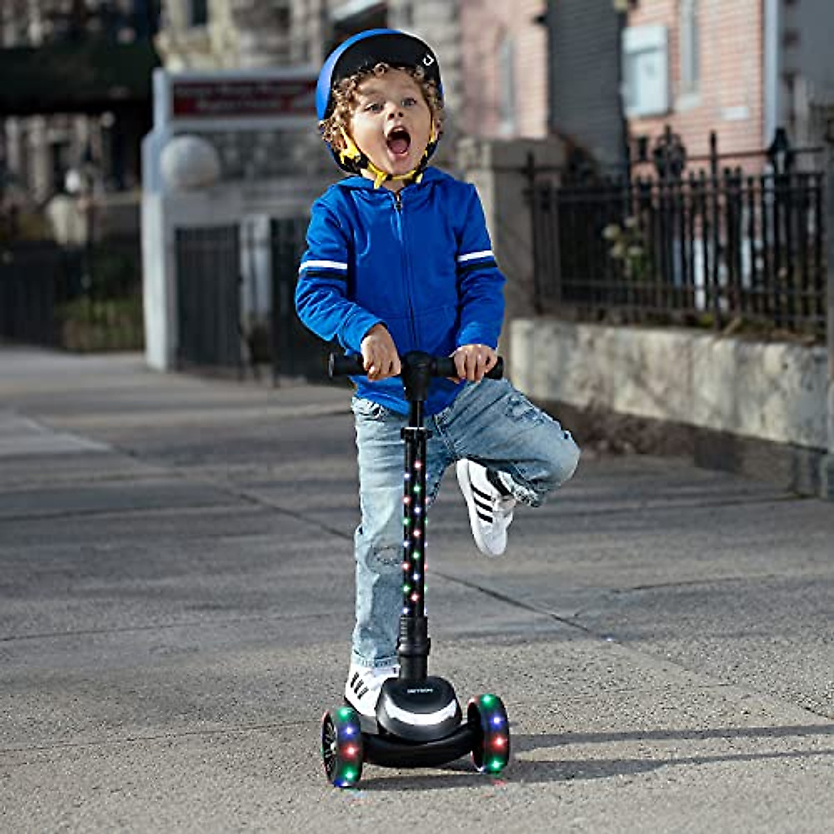 Jetson Scooters - Jupiter Mini 3 Wheel Kick Scooter (Black) - Collapsible Portable Kids Three Wheel Push Scooter - Lightweight Folding Design with High Visibility RGB Light Up LEDs on Stem and Wheels