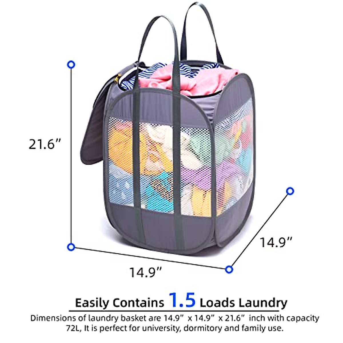 1.5 Loads, Pop-up Laundry Hamper with Extended, Thickened and Reinforced Handles, Tear Proof, Laundry Basket with Zipper Lid, Use YKK Zipper, Honey Comb Mesh, Breathable, 14.9"*14.9"*21.6" (white)